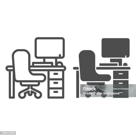 컴퓨터 라인과 단단한 아이콘이있는 사무실 의자 및 책상 인테리어 디자인 개념 책상 의자 및 흰색 배경의 컴퓨터 표지판 윤곽 스타일의 사무용 가구 아이콘 벡터 그래픽 아이콘에