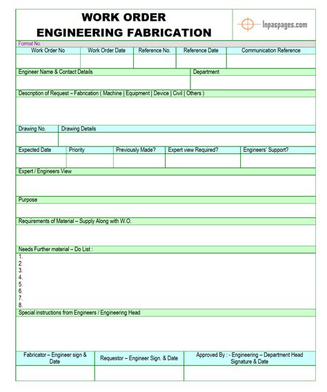 Work Order For Engineering Fabrication