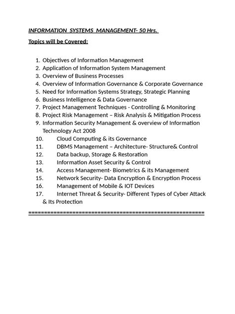 Information Systems Management Syllabus Pdf Technology And Engineering