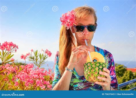 Caucasian Woman Drinking Pine Apple Juice Stock Image Image Of Pink