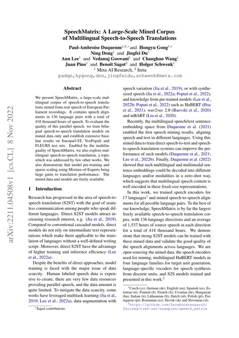 Pdf Speechmatrix A Large Scale Mined Corpus Of Multilingual Speech To Speech Translations