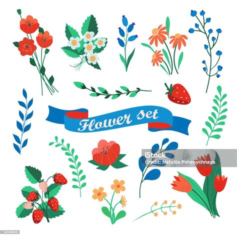 흰색 배경에 고립 된 다른 꽃이있는 실루엣의 평평한 봄과 여름 꽃 세트 스티커 라벨 태그 스크랩북을위한 밝은 색상의 귀여운 일러스트레이션 공휴일에 대한 스톡 벡터 아트 및