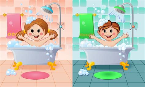 Pojke Och Flicka I Badrummet Vektor Illustrationer Illustration Av