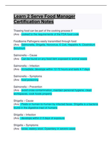 Learn 2 Serve Food Manager Certification Notes Updated A Guide Solution Learn2serve Food