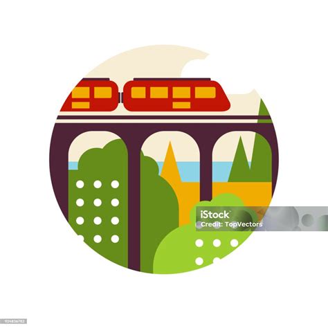 철도 교량 및 로고 생태 원과 자연 환경 표시 흰색 배경에 휘장 또는 배지 벡터 일러스트 레이 션에 대 한 디자인 요소에 기차