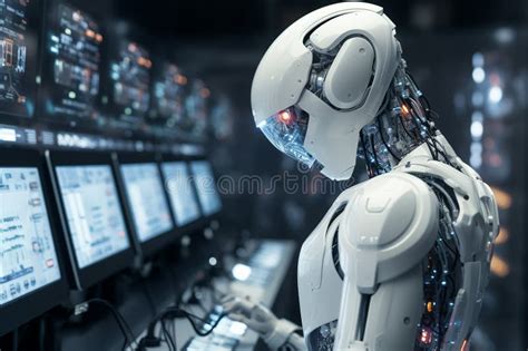 Cyborg Android Robot Working With Laptop Control Panel System Network