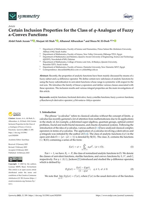Pdf Certain Inclusion Properties For The Class Of Q Analogue Of Fuzzy α Convex Functions