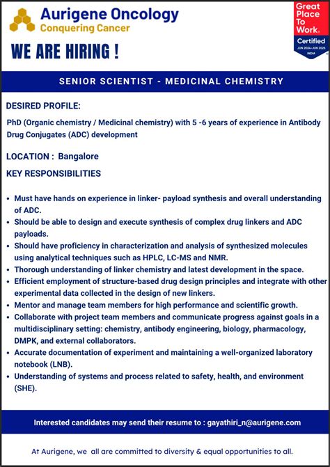 We Are Hiring Scientists With Experience In Linker Payload Synthesis
