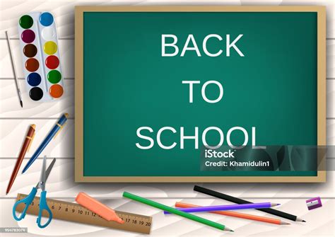 3d 현실 다시 학교 항목 칠판에 학교 타이틀 포스터 디자인 편집 가능한 벡터 일러스트 레이 션 가위에 대한 스톡 벡터 아트 및