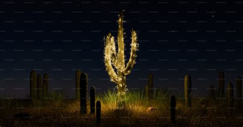 크리스마스 조명과 별이 빛나는 하늘로 장식된 선인장이 있는 사막의 야경 3d 렌더링 사진 Unsplash의 바깥 이미지