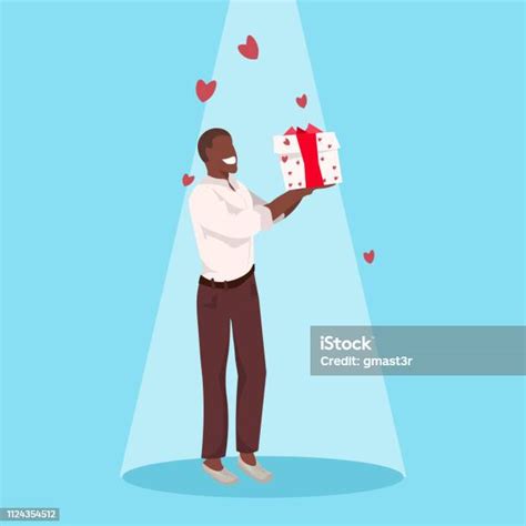 남자 선물 포장 상자 깜짝 행복 한 발렌타인 휴일 축 하 개념 아프리카 남자 심장 모양 배경 남성 전체 길이 문자 평면 위에 서 개최 개념에 대한 스톡 벡터 아트 및 기타