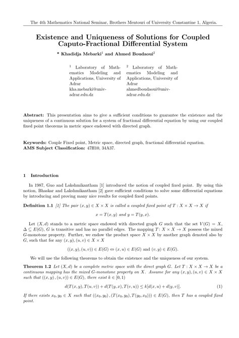 Pdf Existence And Uniqueness Of Solutions For Coupled Caputo