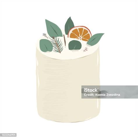 향이 나는 콩 캔들 식물잎으로 장식 된 향기로운 천연 왁스 초들 말린 감귤류 과일과 소나무 가지 가정 아로마 테라피 사실적인 상세한 손으로 그린 일러스트 0명에 대한 스톡