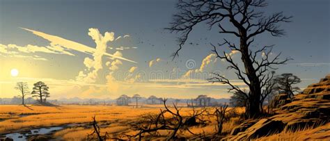 Illustration Of Golden Sunset Over Vast Plains With Silhouetted Trees