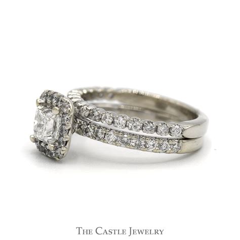 Princess Cut Diamond Bridal Set With Diamond Halo And Accented Sides W