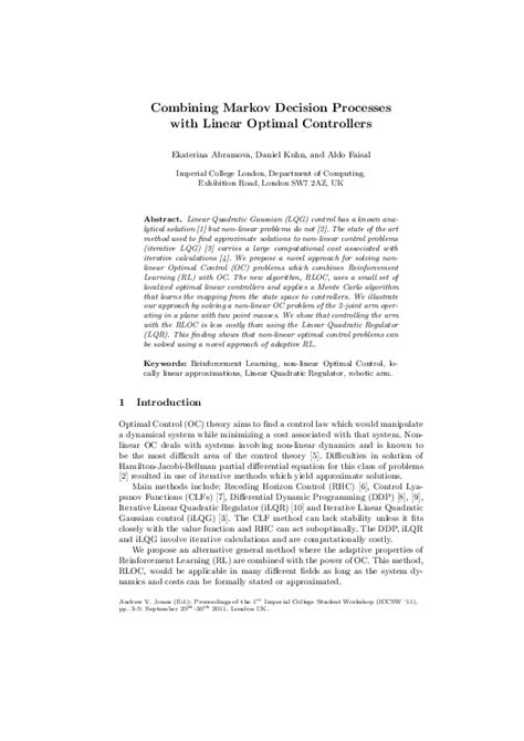 Pdf Combining Markov Decision Processes With Linear Optimal Controllers