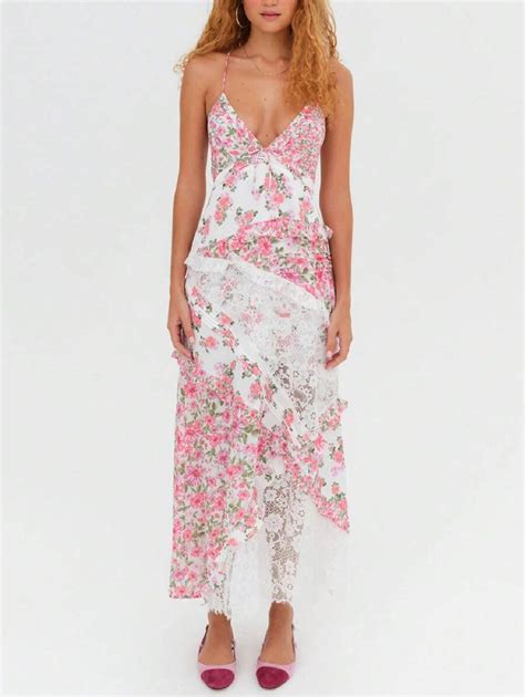 Women Boho Floral Maxi Dress Spaghetti Strap Deep V Neck Lace Sheer