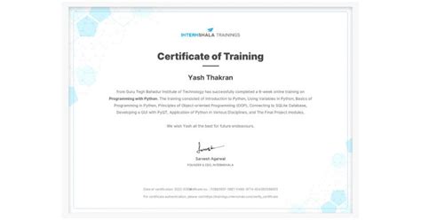 Yash Thakran On Linkedin Internshala Internshalatrainings Training Python Programming