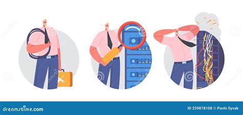 System Administrator Isolated Round Icons Or Avatars Sysadmin Character Working Routine