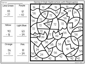 2 Digit Subtraction With Regrouping Coloring By Code Spring Themed