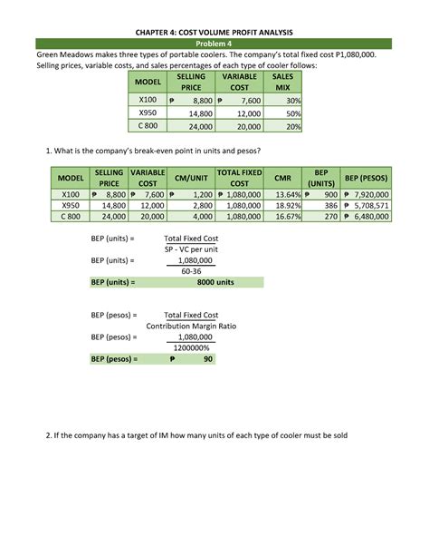 Cost Acc Chapter 4 Seatwork Probs 4 5 Chapter 4 Cost Volume Profit Analysis Problem 4 Green