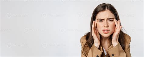 Close Up Portrait Of Business Woman Squinting And Looking Without Glasses Cant See Bad Sight