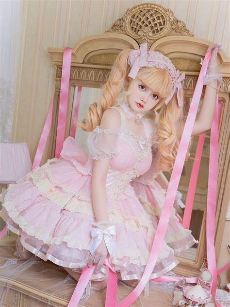 Pink Hime Dress Tiered Ruffles Hem Jumper Skirt