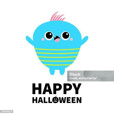 즐거운 할로윈 보내세요 두 눈 송곳니 머리카락을 가진 푸른 괴물 재미있는 귀여운 만화 가와이 캐릭터 아기 컬렉션 플랫 디자인 인사말 카드 흰색 배경입니다 격리 검은색에 대한