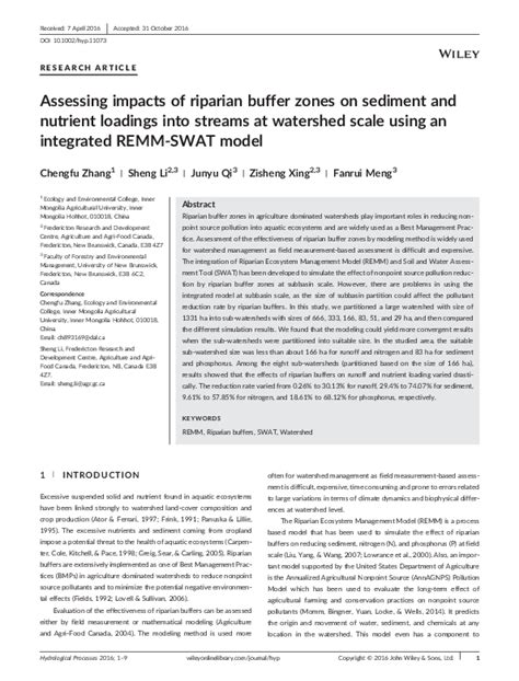 Pdf Assessing Impacts Of Riparian Buffer Zones On Sediment And Nutrient Loadings Into Streams
