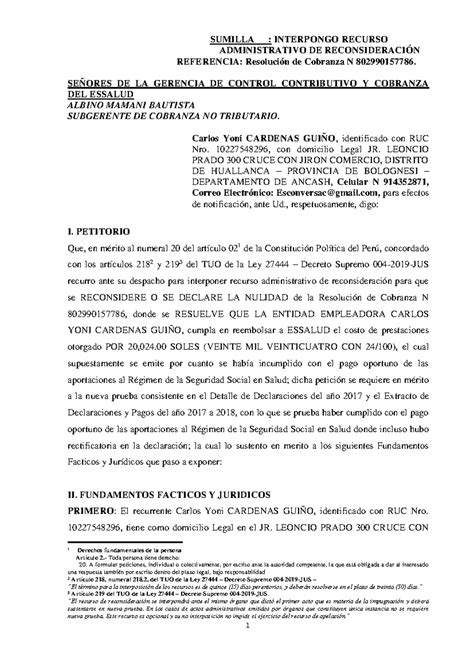 Recurso De Reconsideracion De Cobro De Pago Contra Essalud Carlos