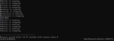 实验72 定义一个车（vehicle）基类，使用虚函数实现动态多态性定义一个车vehiele基类有run、stop等成员函数 由此