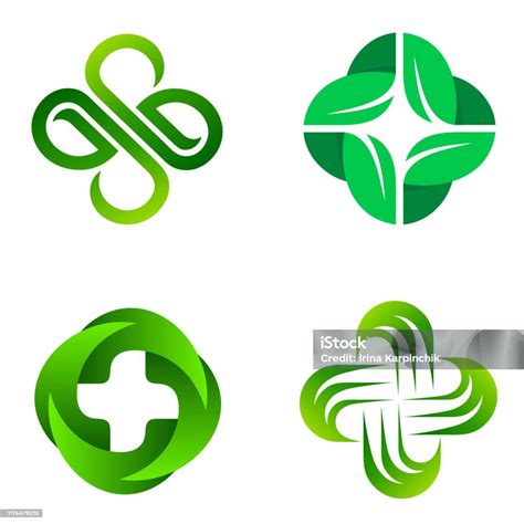 벡터 아이콘 약국의 집합입니다 추상 녹색 십자가입니다 에코 바이오 오가닉 엠블럼 로고에 대한 스톡 벡터 아트 및 기타 이미지