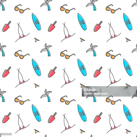 벡터 라인 아트 여름 원활한 해변 패턴입니다 원활한 직물 또는 래핑 페이퍼 디자인 검은색에 대한 스톡 벡터 아트 및 기타 이미지 검은색 계절 과일 Istock