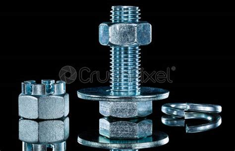 Construction Crown Nut Screwbolt Bolt Washer On Black Background