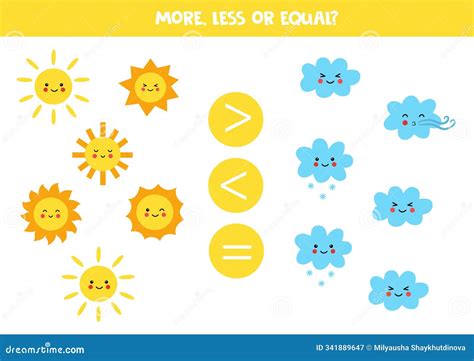 More Less Equal With Cartoon Suns And Clouds Colorful Worksheet Stock Illustration