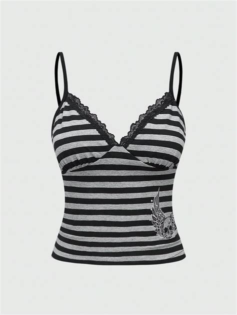Romwe Grunge Punk Punk Skull Embroidery And Rhinestone Striped Slim Fit Womens Cami Top School