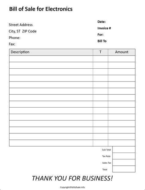Printable Free Bill Of Sale For Electronics Template