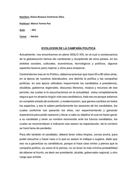 Evolución De La Campaña Política Prof Maco Torres Paz Nombre Diana Roxana Contrertas Silva