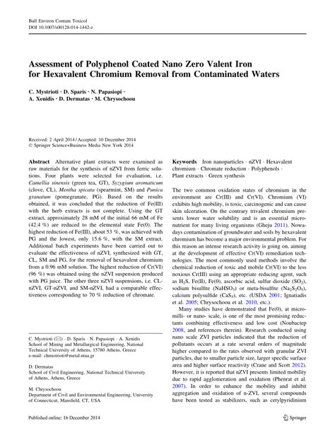 Pdf Assessment Of Polyphenol Coated Nano Zero Valent Iron For Hexavalent Chromium Removal From
