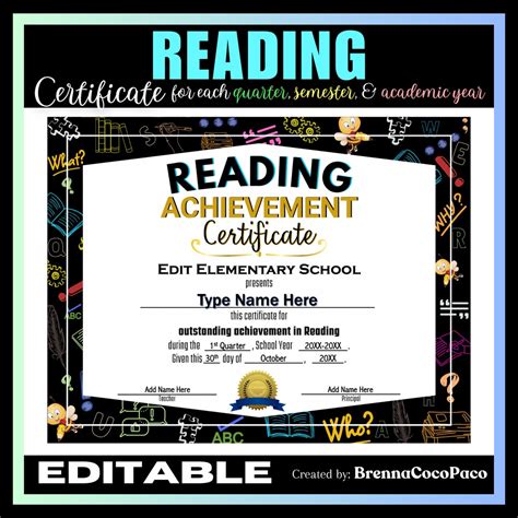 New Editable Reading Achievement Certificate Quarter Semester And Eosy Etsy