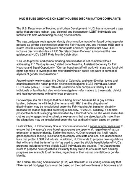 Fillable Online HUD ISSUES GUIDANCE ON LGBT HOUSING DISCRIMINATION COMPLAINTS Fax Email Print