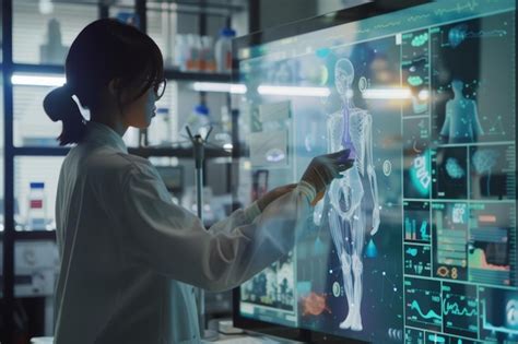 A Lab Technician In A Hightech Laboratory Interacts With A Large
