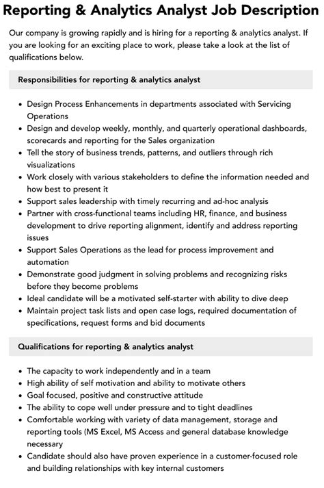 Reporting And Analytics Analyst Job Description Velvet Jobs