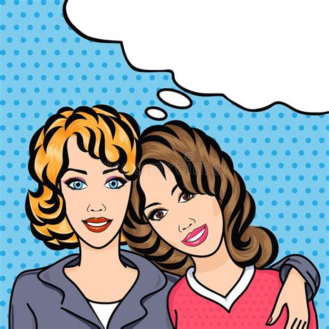 Married Lesbian Couple Smile And Hug Vector Illustration In Pop Art