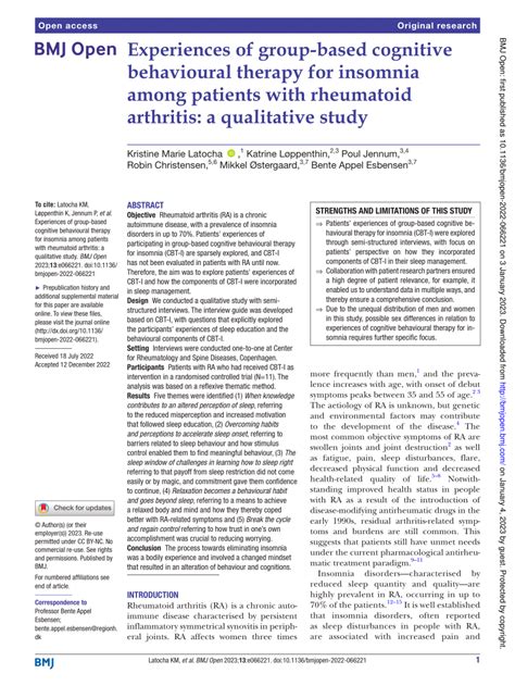 Pdf Experiences Of Group Based Cognitive Behavioural Therapy For Insomnia Among Patients With