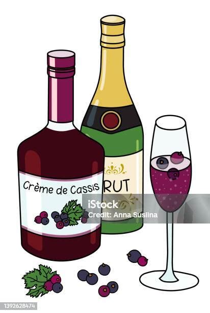 낙서 만화 Kir 로얄 칵테일과 재료 구성 브루트 스파클링 와인 한 병 크림 드 카시스 블랙 커런트 리큐어와 베리 바 메뉴 스티커 또는 알코올 요리 책 조리법 검은색 까치밥