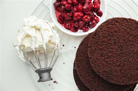 신선한 얇게 썬 스폰지 초콜릿 케이크 비스킷 체리 케이크 조립 공정 케이크 조리법 배경입니다 휘핑 크림과 냉동 체리로 털다 0명에 대한 스톡 사진 및 기타 이미지 Istock