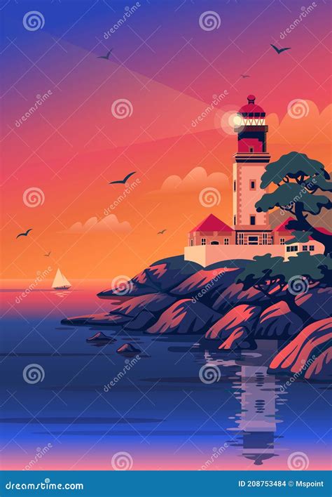 Paisagem Vetorial De Farol Paisagem Marinha Com Farol Na Praia No Pôr Do Sol Ilustração
