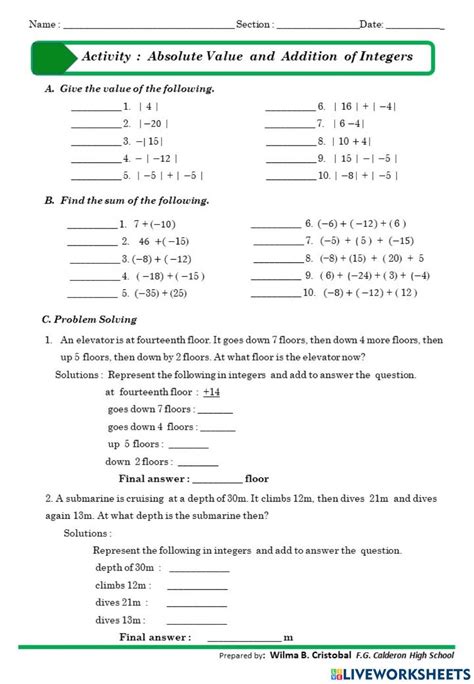 Free Integers And Absolute Value Worksheet Answers Download Free