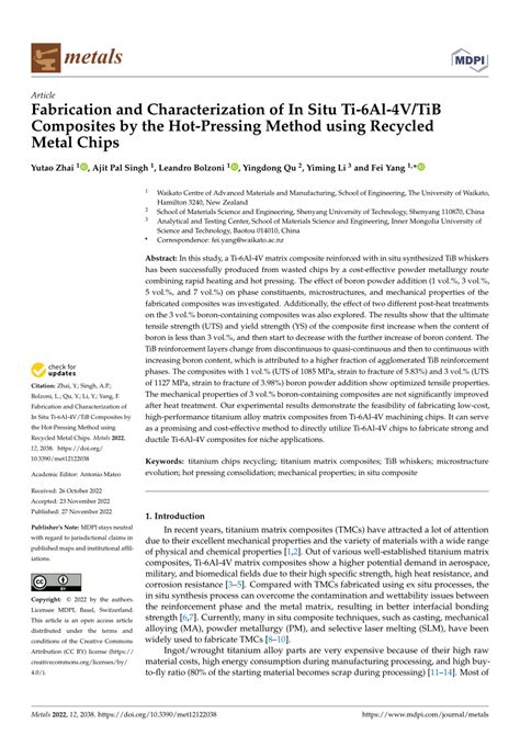 Pdf Fabrication And Characterization Of In Situ Ti 6al 4v Tib Composites By The Hot Pressing